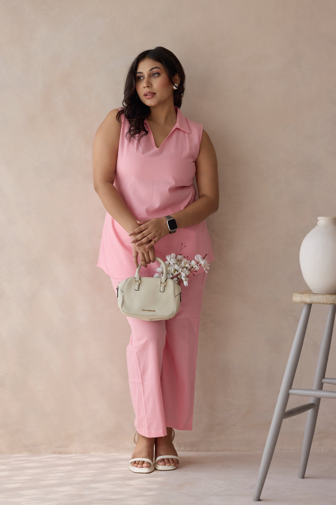 Blush Pink Linen Co-ord Set with Collared Top & Relaxed Bottom