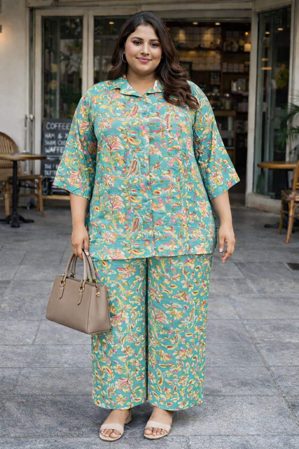 Shop Plus Size Sea Green Floral Muslin Co ord Set for Women