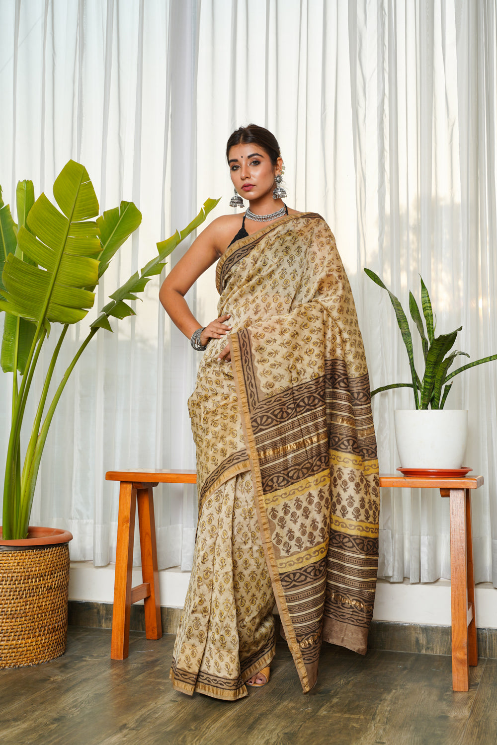 Brown-Beige Ajrakh Printed Chanderi Saree – Nangaliaruchira