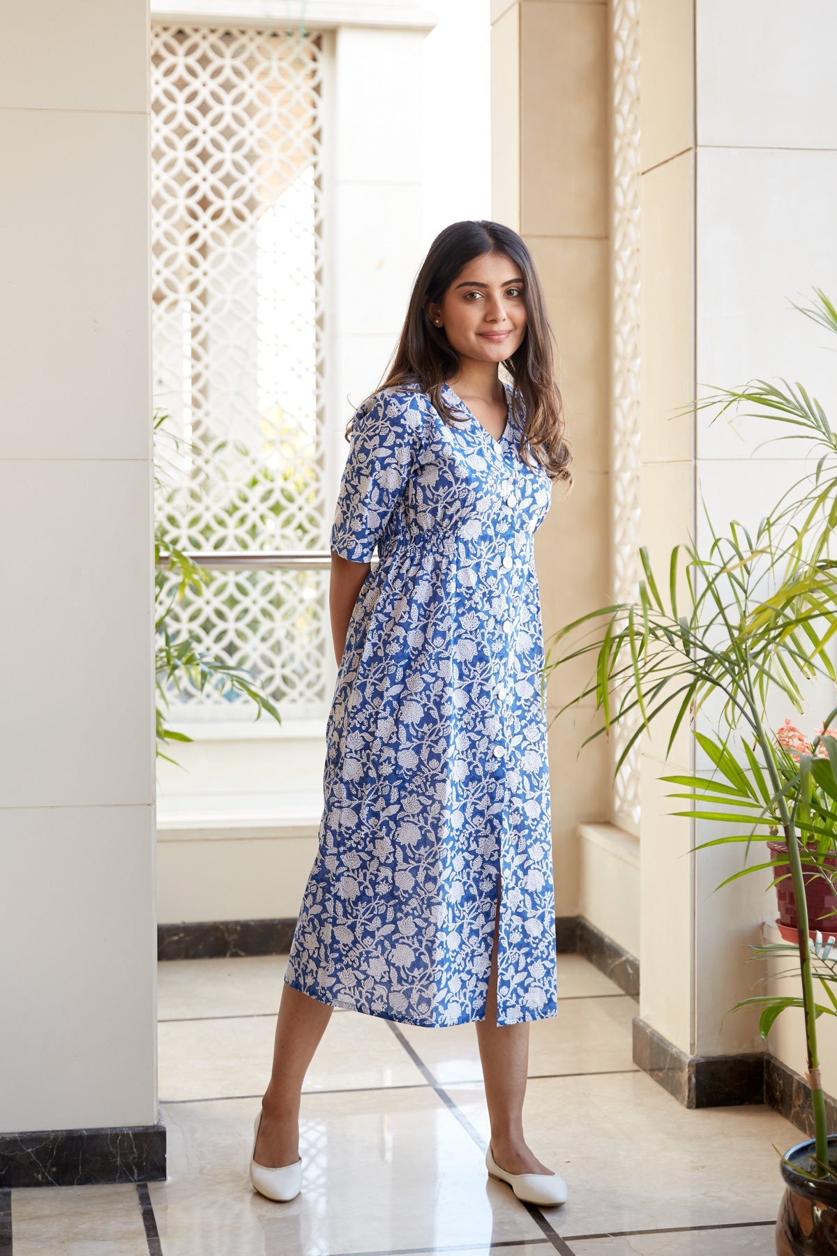 Cotton Blue Floral Printed Button Down Dress